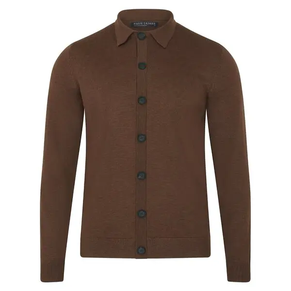 PAUL JAMES KNITWEAR Extra Fine Merino Wool Cassiuss Polo Cardigan Oak - Brown