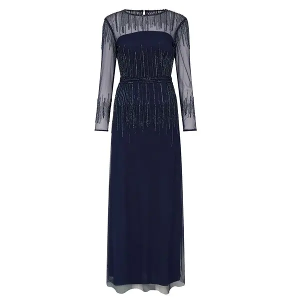 RAISHMA Navy Laurel Featuring Sheer Long Sleeves & Delicate Vertical Lines Of Embroidery In Key Areas Gown - Blue