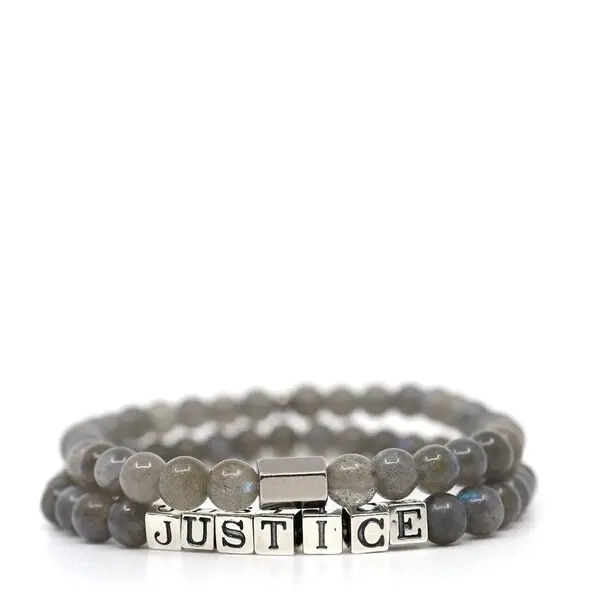 Shar Oke Grey / Silver Labradorite & Sterling Silver Justice Letters Beaded Bracelet Set - Grey/silver