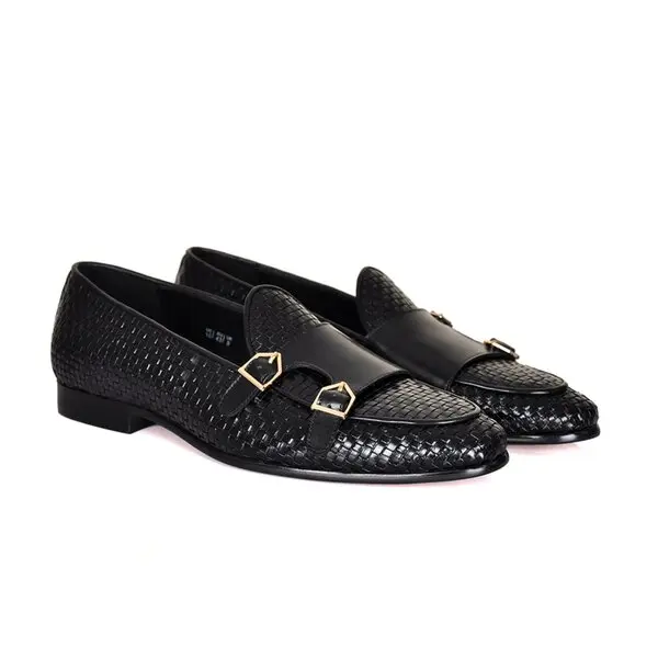 DAVID WEJ Lorenzo Woven Monk Strap Loafers - Black