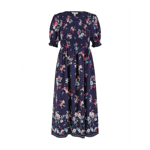YUMI Navy Recycled Floral Ruched Midi Dress With Puff Sleeves - Blue