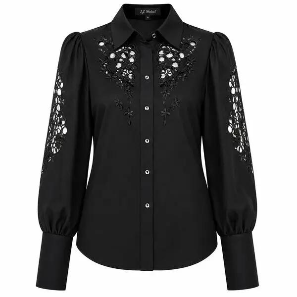 SMART AND JOY Embroidered Organza Blouse - Black