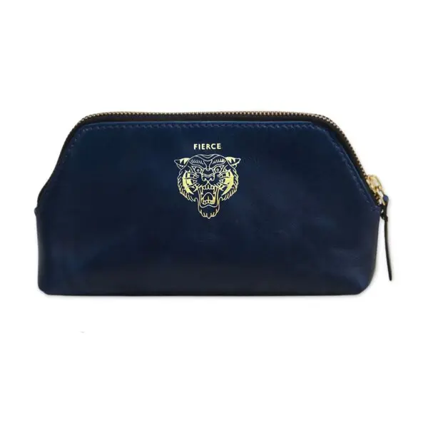 VIDA VIDA Navy Leather Make-up Bag With Fierce Tiger - Blue