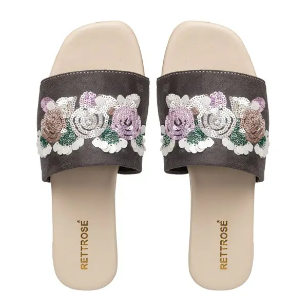 RETTROSE Sutton Luxury Plush Diamanté Embellished Handmade Sliders - Grey