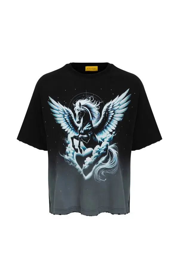 JE TE VEUX Fantastica Winged Horse Printed T-shirt - Black