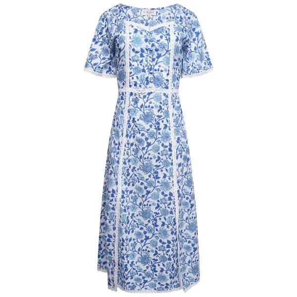 LATELIER LONDON Serafina Floral Cotton Midi Dress With Side Splits - Blue
