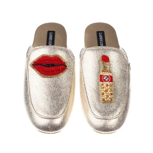 LAINES LONDON Classic Mules With Red Lipstick & Lips Brooches - Gold