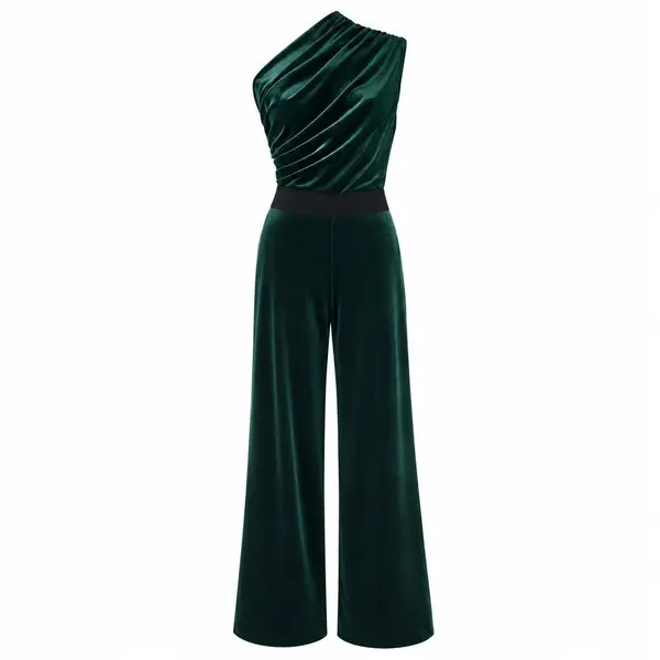 ME & THEE Velvet One-shoulder Wide-leg Jumpsuit - Green