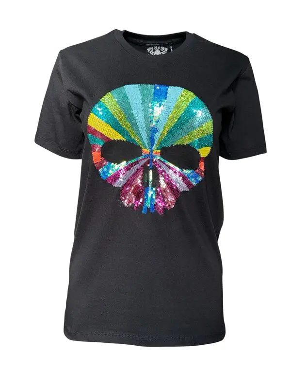 ANY OLD IRON Green / Black Rainbow Sequin Skull T-shirt - Green/black