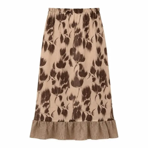 Carmen Says Bouquet Flower Print Midi Skirt - Brown