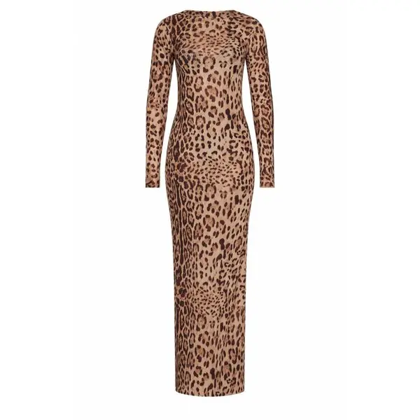 AMAANALUX Black / Brown Long Sleeve Sheer Leopard Print Maxi Dress - Black/brown
