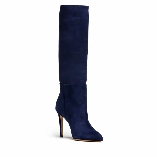 BEAUTIISOLES BY ROBYN SHREIBER Yara Navy Suede Comfortable Knee-high Evening Stiletto Boot - Blue