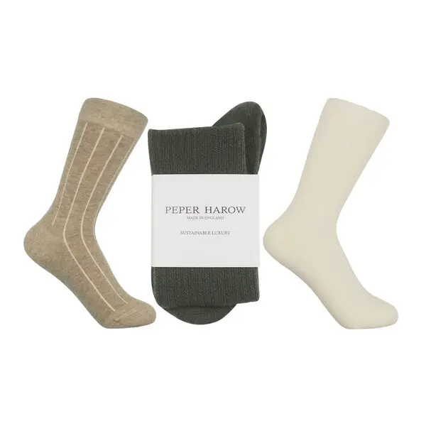 PEPER HAROW - MADE IN ENGLAND S Three Pairs Cashmere & Wool Boot Socks – Beige, Cream & Olive - Green