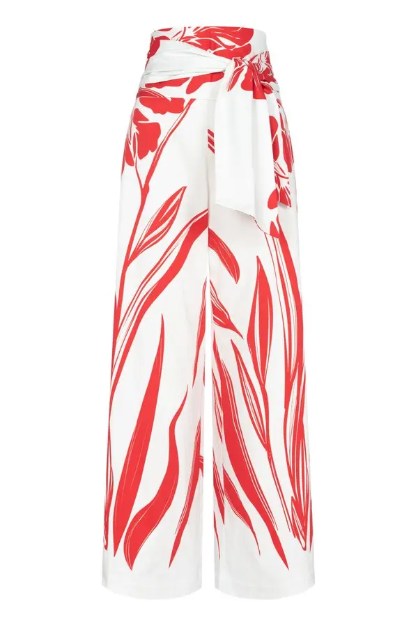 MARIANNA DÉRI White / Red Wide-leg Pants With Botanical Print And Tie Belt - White/red