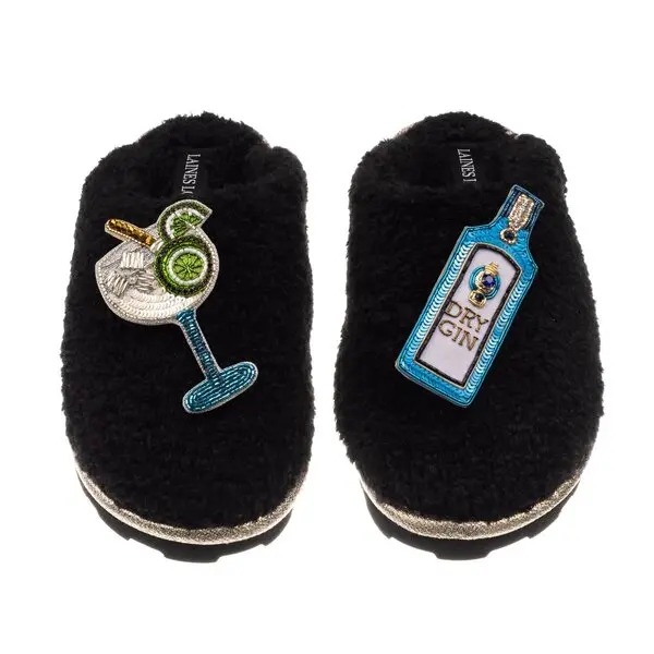 LAINES LONDON Teddy Closed Toe Slippers With Blue Sapphire Gin & Glass Brooches - Black