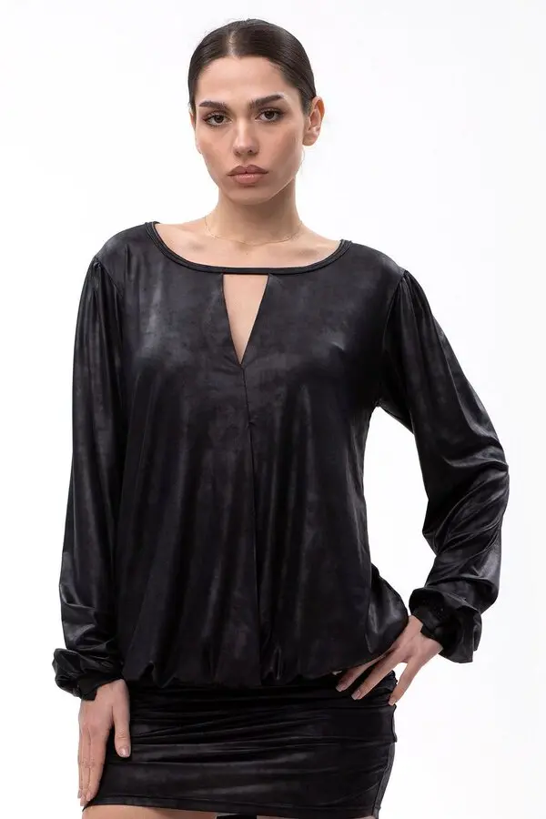 MAISON BOGOMIL Jersey Leather Surplice Blouse - Black