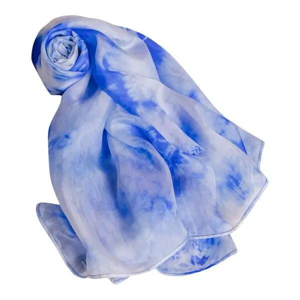 SILK AND BEARS Blue / White Indigo Cloud Shibori Habotai Silk Scarf – Hand-dyed Mulberry Silk - Blue/white