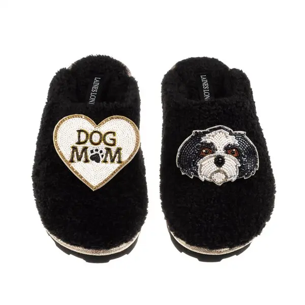 LAINES LONDON Teddy Closed Toe Slippers With Dog Mum / Mom & & White Shih Tzu Brooches - Black