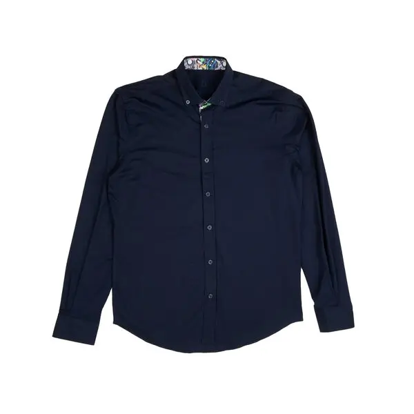 EIGHT X Solid Cotton Stretch Button Down Shirt W/ Abstract Trim - Blue
