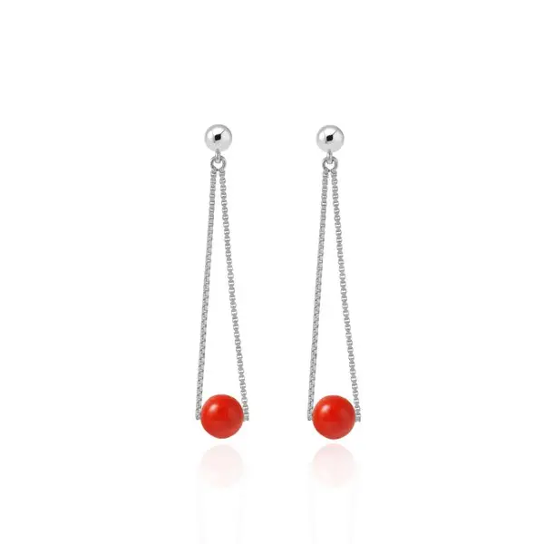 UNALOE Silver / Red Sterling Silver Coral Chain Drop Earrings – Contemporary Mediterranean Designer Jewelry - Silver/red