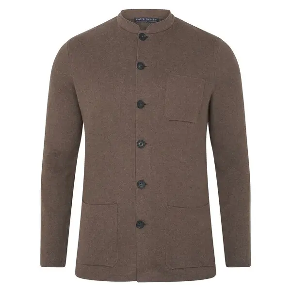PAUL JAMES KNITWEAR Midweight Cotton Jaipurr Knitted Nehru Jacket Tobacco - Brown