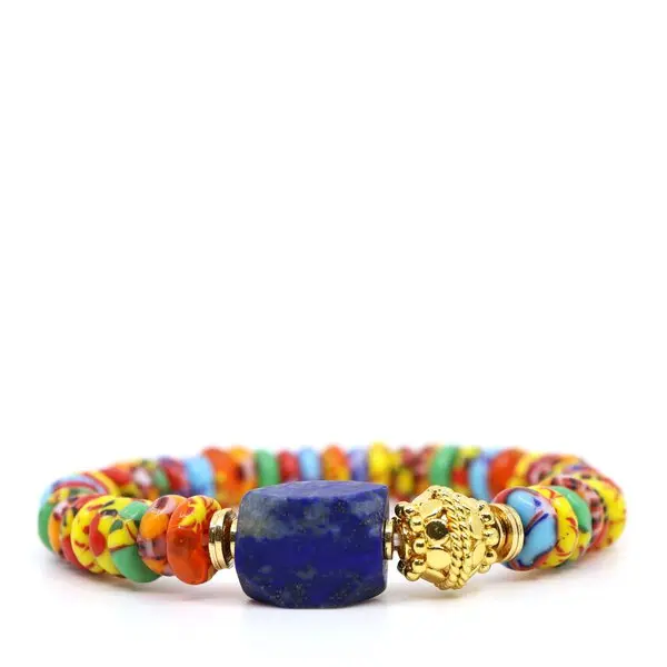 Shar Oke Red Medley African Glass & Lapis Lazuli Bracelet - Gold