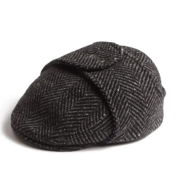 DASMARCA HATS Black / Grey Logan Charcoal Tweed Wool Checks Italian Cap With Earflaps Trapper - Black/grey