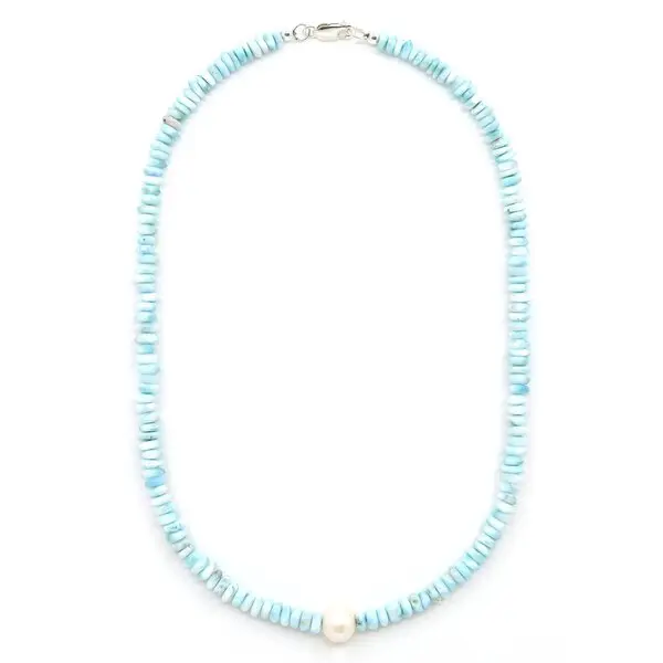 Shar Oke Blue / White / Silver Larimar & Freshwater Pearl Necklace - Blue/white/silver