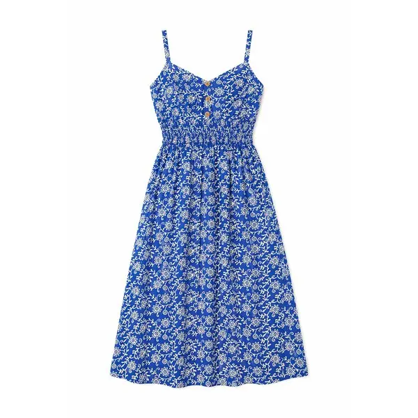 YUMI Block Print Midi Sun Dress With Button Details - Blue
