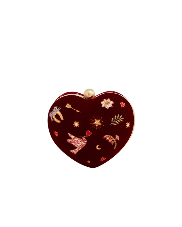 FABLE ENGLAND Velvet Embroide Heart Jewellery Box - Red