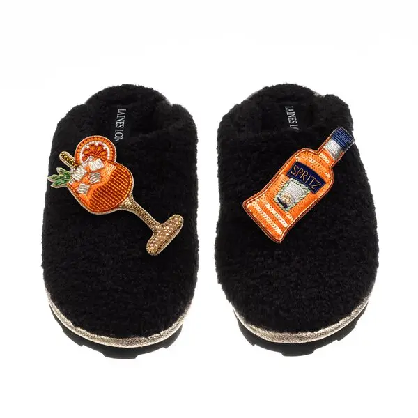 LAINES LONDON Teddy Towelling Closed Toe Slippers With Summer Spritzer Brooches - Black