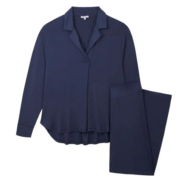 MAMU DREAM Navy Oversized Retro Ribbed Soft Modal Hero Shirt & Wide Leg Jogger Set - Blue