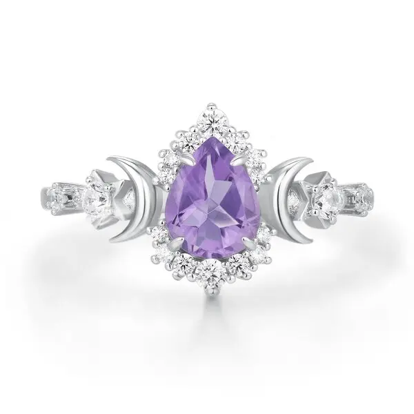 AZURA JEWELRY NEW YORK Galactic Pear Cut Amethyst Ring White Gold Vermeil - Silver