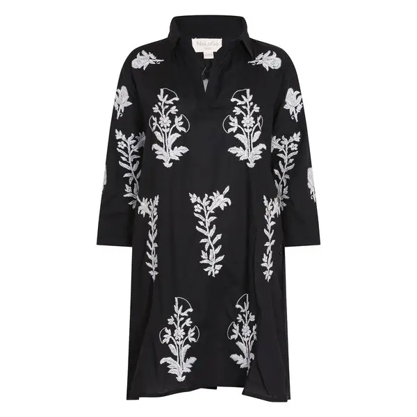 NOLOGO-CHIC Short Tourist Dress With White Embroidery Cotton - Black