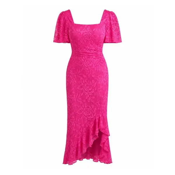 GIRL IN MIND Heidi Lace Ruched Midi Dress - Pink
