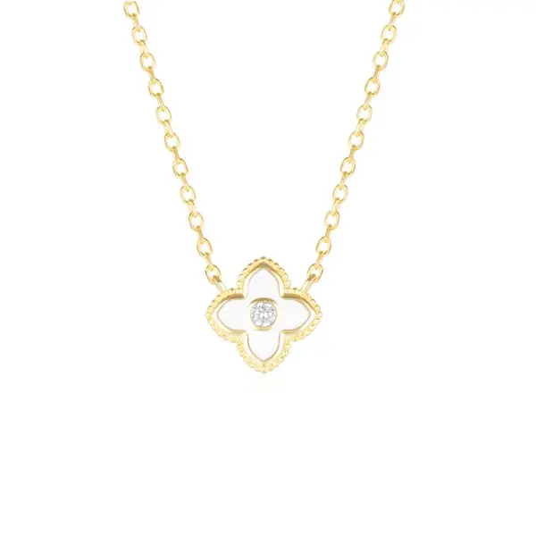 SPERO LONDON Gold / White White Enamel Four Leaf Clover Necklace With Gemstone In Sterling Silver Gold - Gold/white