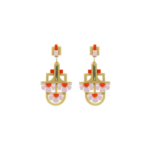 GISSA BICALHO Neutrals Handmade Acrylic Earring Pendant Three Flowers Kahki - Pink