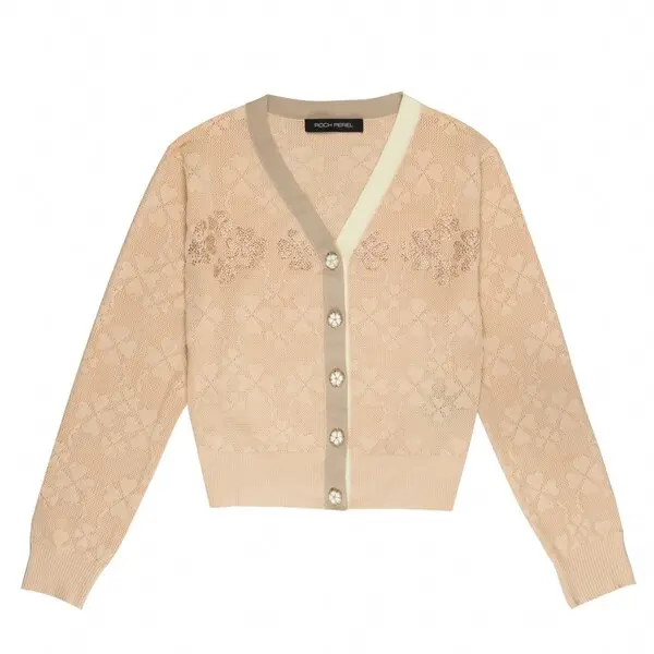 ROCH PEREL Neutrals Apricot Pointelle Floral Stud Cardigan - Orange