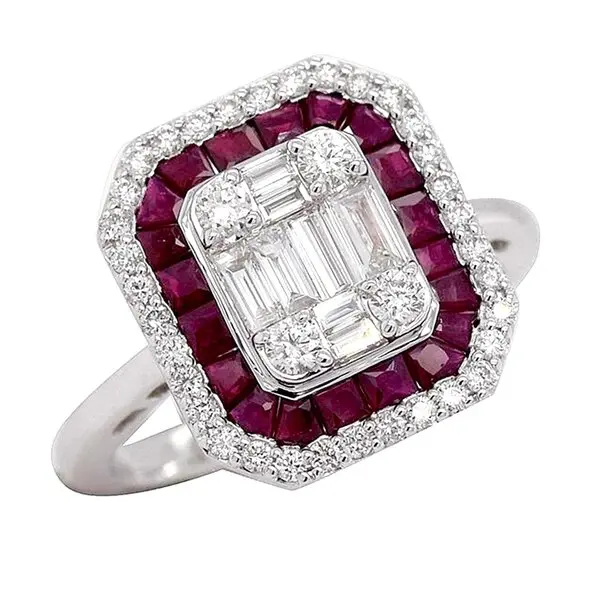 ARTISAN White / Red Baguette Ruby And Diamond Halo Ring In 18k White Gold - White/red