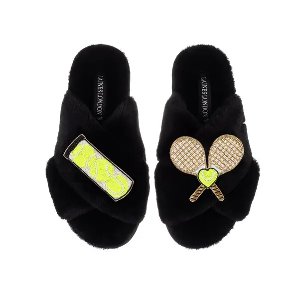 LAINES LONDON Classic Faux Fur Slippers With Tennis Brooches - Black
