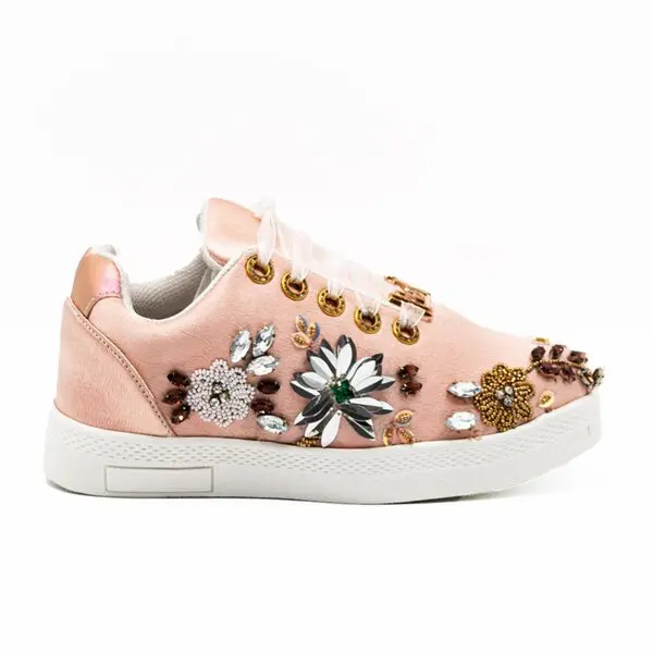 RETTROSE Neutrals Freya Luxury Nude Satin Handmade Embellished Tennis Shoe - Brown