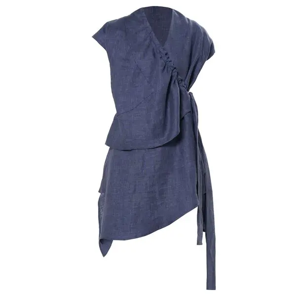 METAMORPHOZA Linen Denim Tunic With Draped Collar - Blue