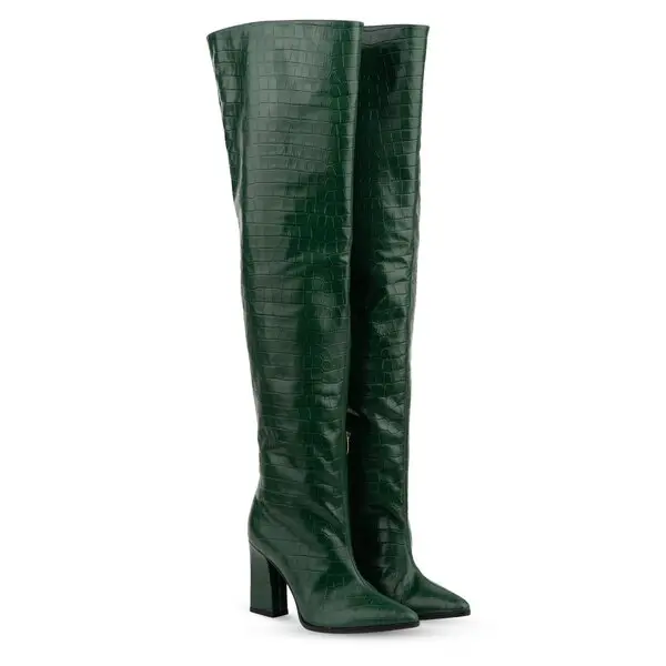 ROSAMUND MUIR LONDON Roma Crocodile Print Over Knee Boots - Green