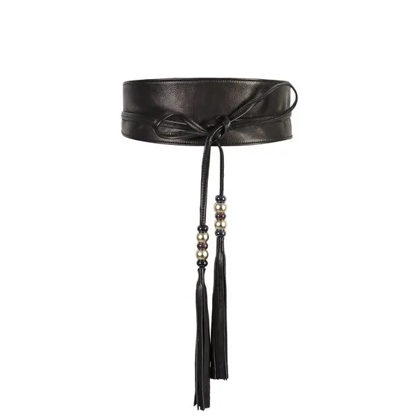 JUAN-JO Leather Obi Belt With Long Tassels - Black