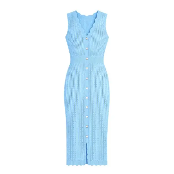 YUMI Scallop Edge Crochet Knitted Midi Dress - Blue
