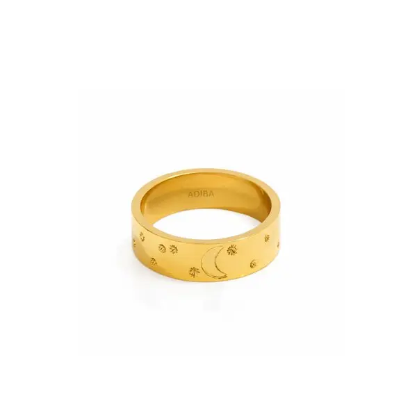 ADIBA Moon & Stars Wide Plated Stainless Steel Ring - Gold