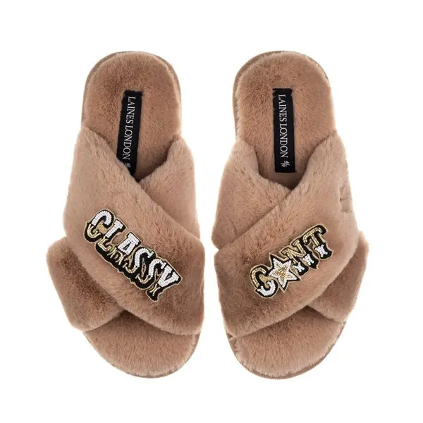 LAINES LONDON Neutrals Classic Laines Slippers With Classy Cunt Brooches Toffee - Brown