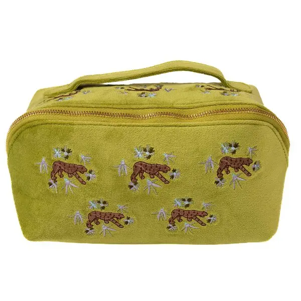 HOUSE OF MURPHY Embroidered Velvet Cosmetic Bag Cheetah - Green