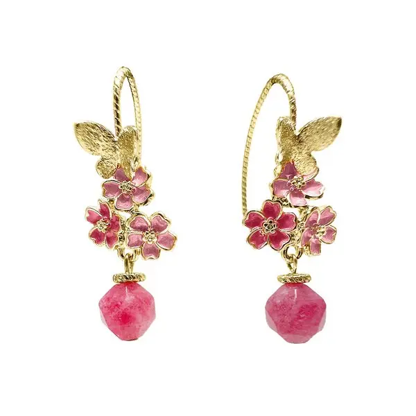 FARRA Glazed Flower With Gemstone Dangle Earrings