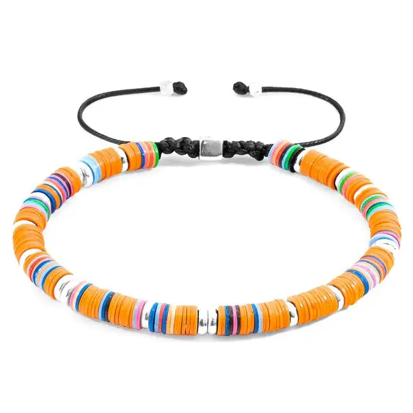 ANCHOR & CREW Kivu Silver & Vinyl Disc Macrame Bracelet - Orange
